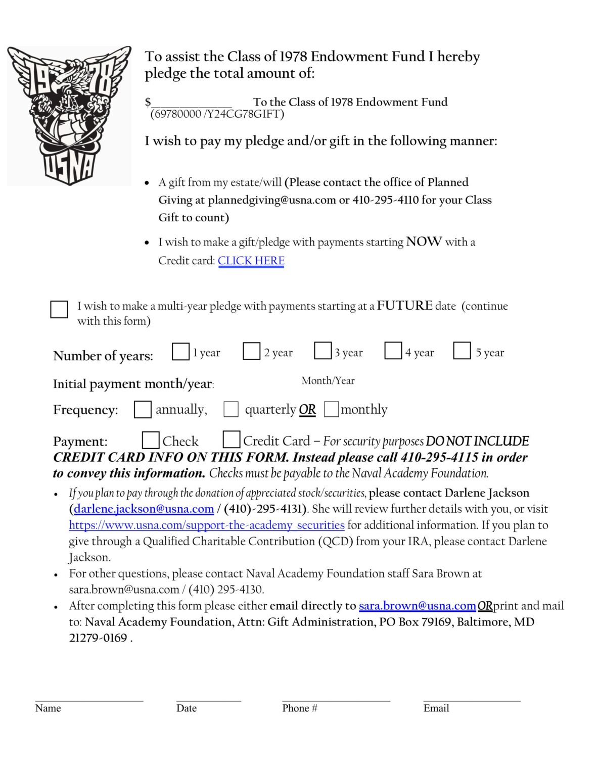 Class of 1978 Pledge Form – USNA 1978